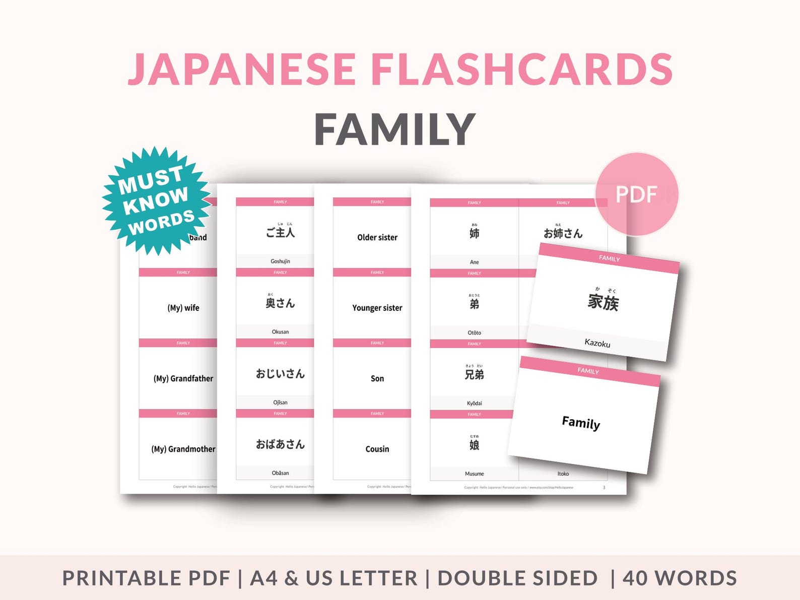 Japanese Vocabulary Flashcards PDF, Learn Japanese Family Words ...