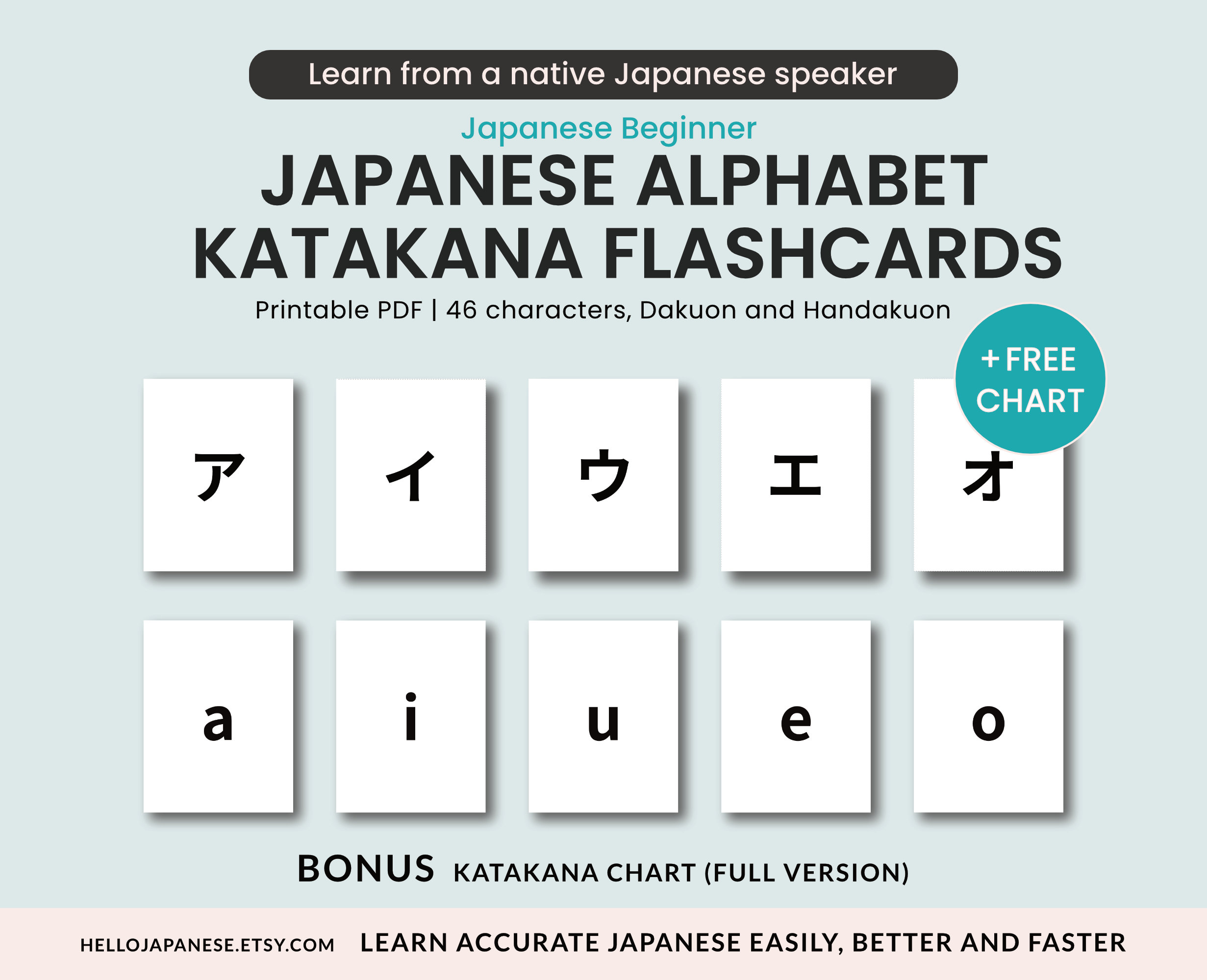 Japanese Katakana Flashcards for Beginner, Basic Dakuon, Handakuon ...