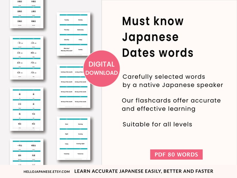 Japanese Flashcards, Learn Japanese Dates Easily, Vocabulary Cards ...