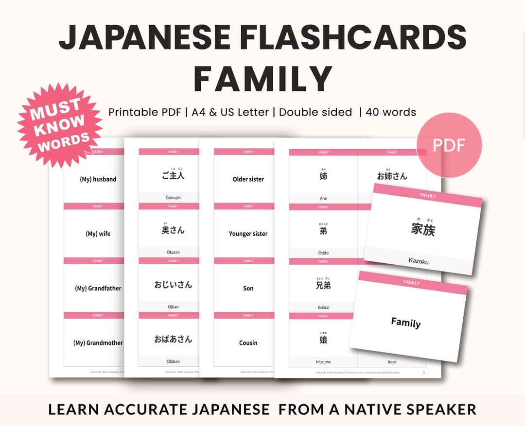 Japanese Vocabulary Flashcards PDF, Learn Japanese Family Words ...