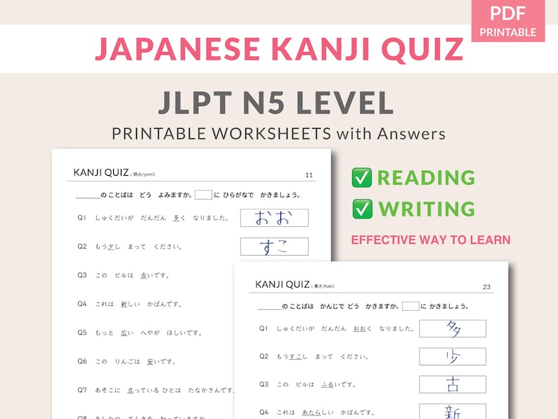 Japanese Kanji Quiz Worksheets (JLPT N5 Level) - Etsy