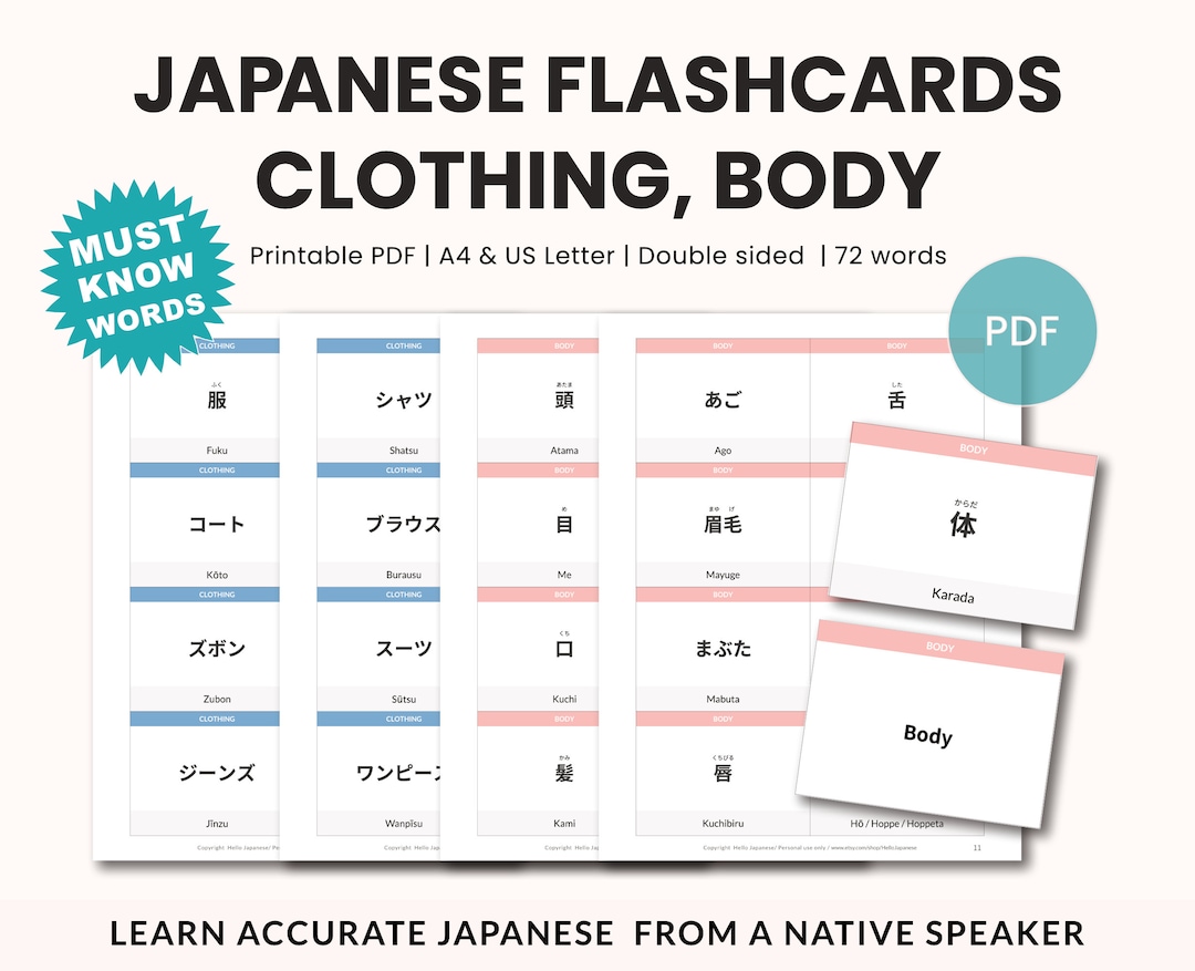 Japanese Flashcards for Body and Clothing Vocabulary Learn Japanese ...