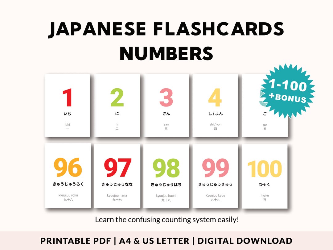 Japanese Numbers Flashcards PDF: 1-100 & Bonus Cards - Etsy