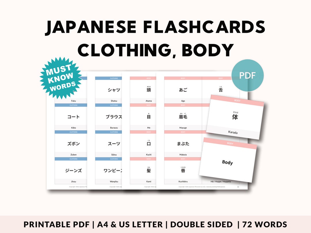 Japanese Flashcards for Body and Clothing Vocabulary | Learn Japanese ...