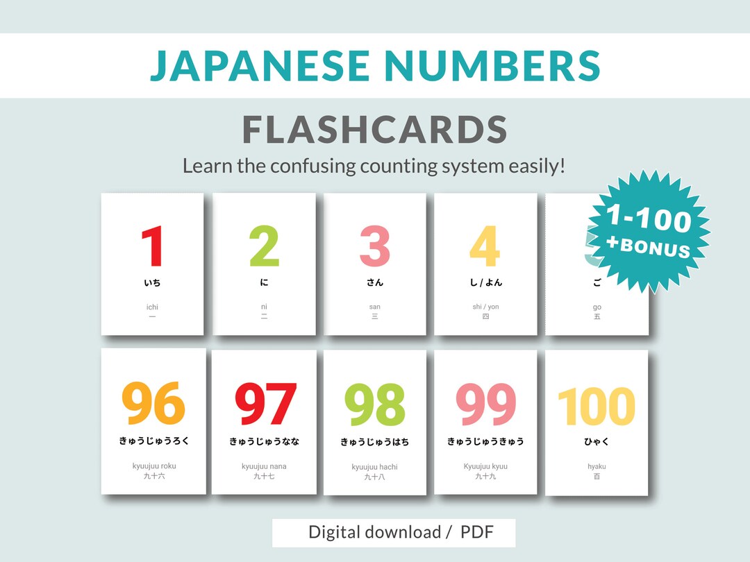 Japanese Numbers Flashcards PDF: 1-100 & Bonus Cards - Etsy