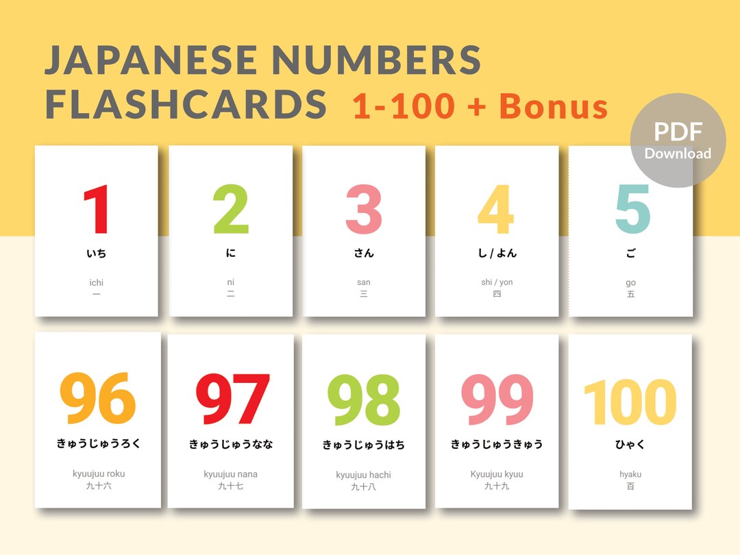 Japanese Numbers Flashcards PDF: 1-100 & Bonus Cards - Etsy