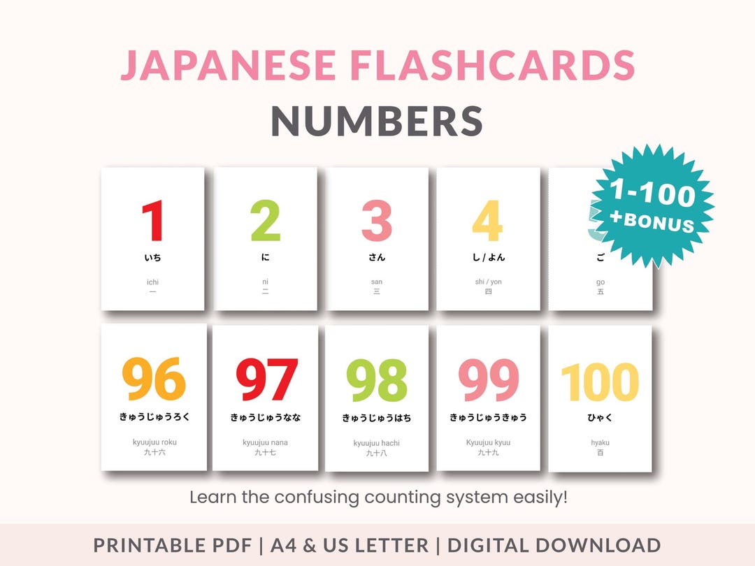 Japanese Numbers Flashcards PDF: 1-100 & Bonus Cards - Etsy