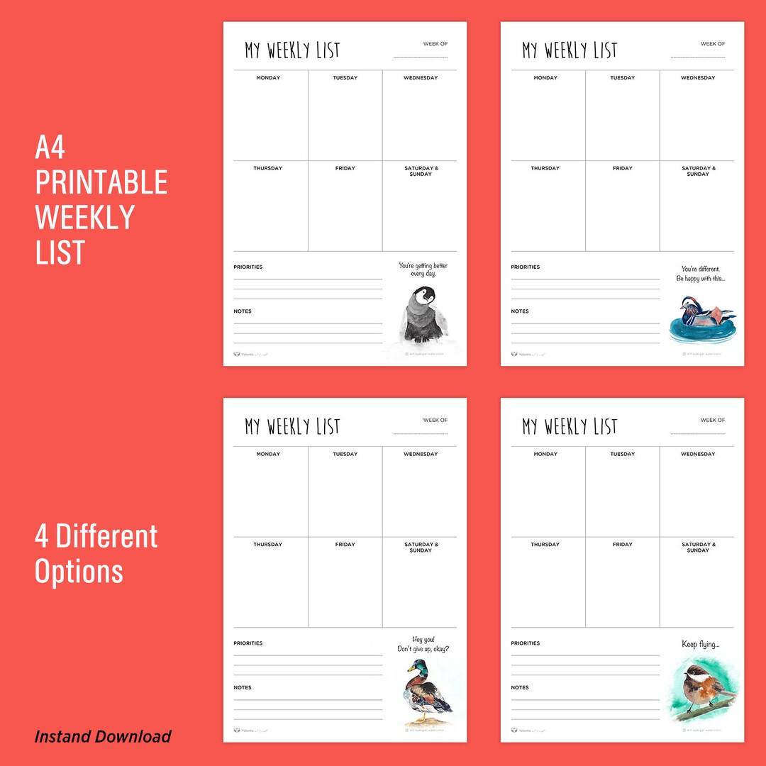 Weekly Planner Daily List A4 Printable Duck Bird Penguin Mandarin Duck ...