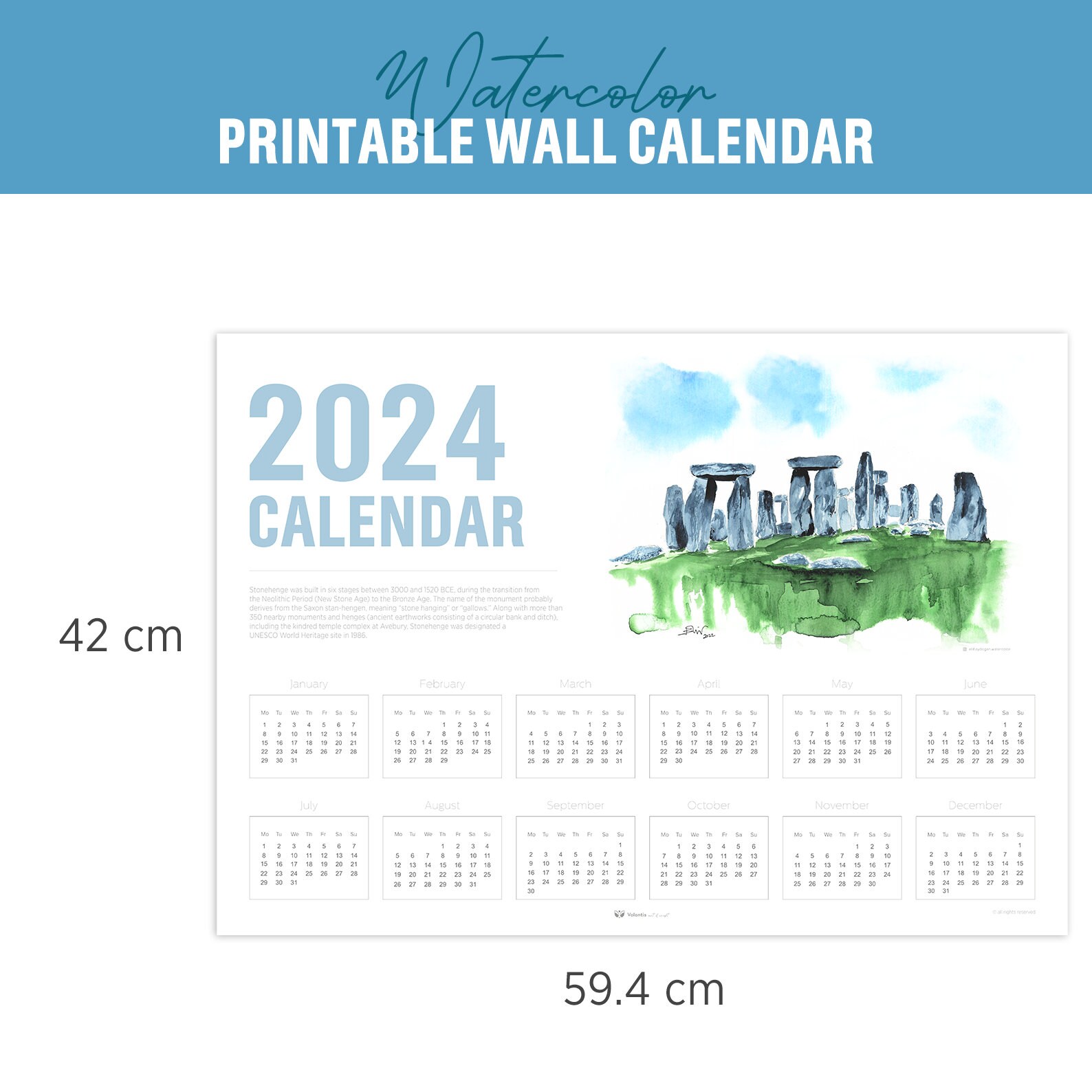 Stonehenge 2024 Calendar Printable Watercolor Wall Art A2 Big Size Soft ...