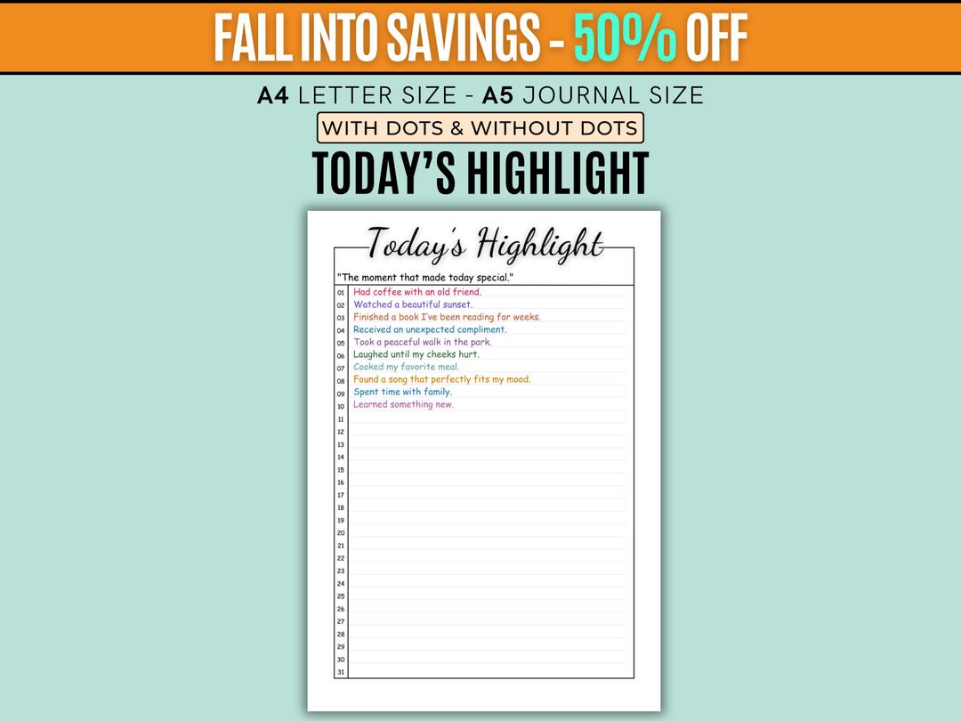 Todays Highlight Tracker Printable | A4 A5 Daily Journal for Gratitude ...