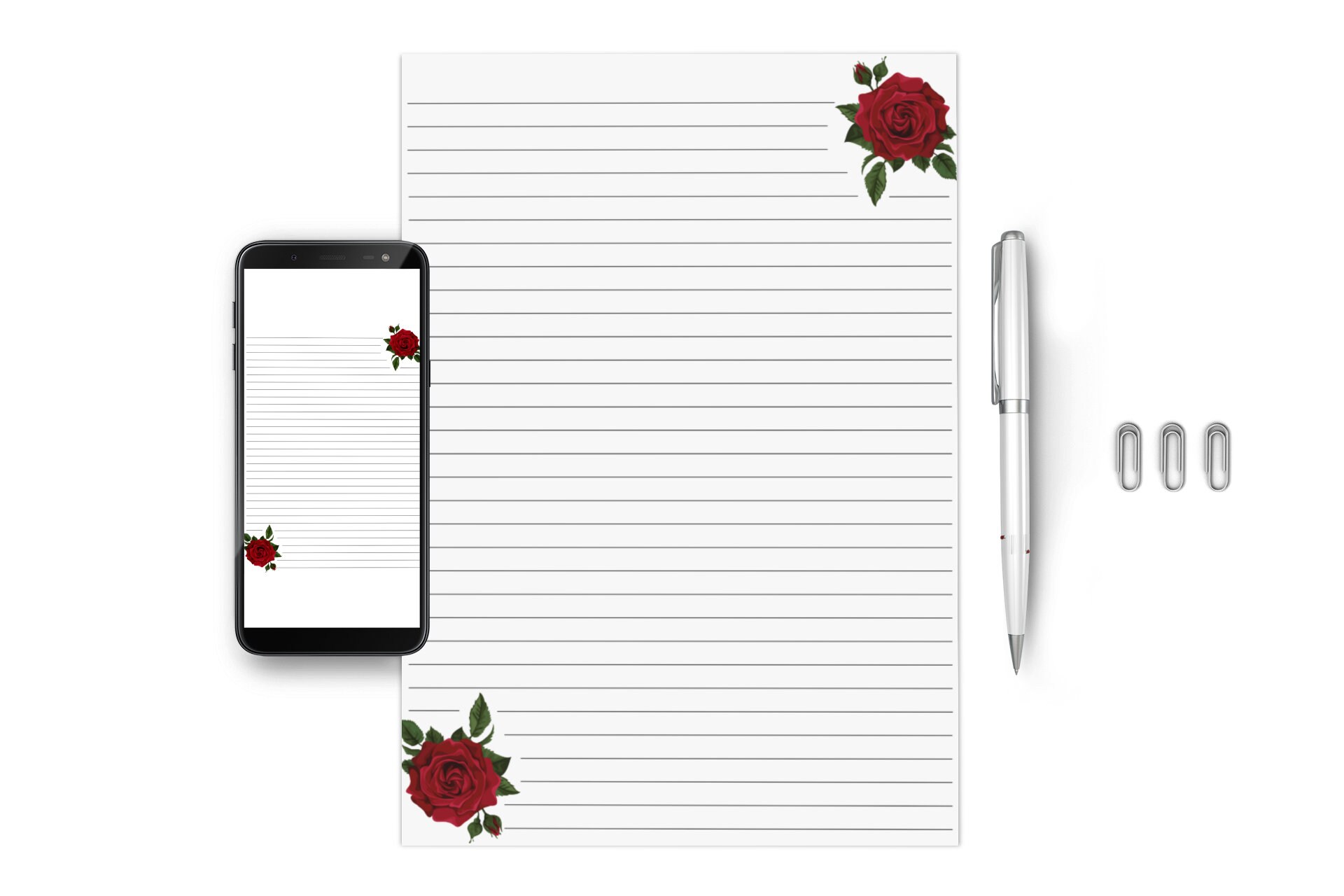 Digital Download, Printable Red Rose Writing Paper. Stunning Vibrant ...