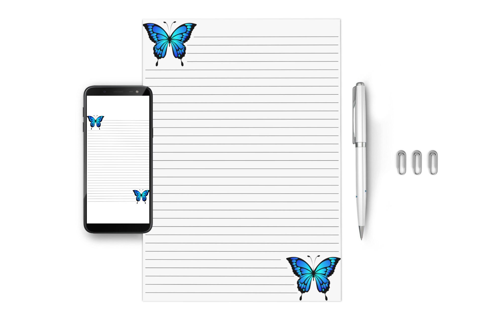 Digital Download, Printable Vibrant Blue Butterfly Writing Paper. - Etsy
