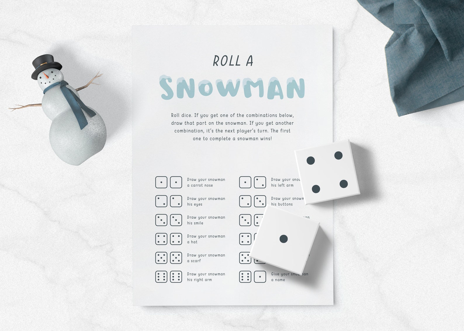 PRINTABLE Roll a Snowman Christmas Dice Game / Build a Snowman ...