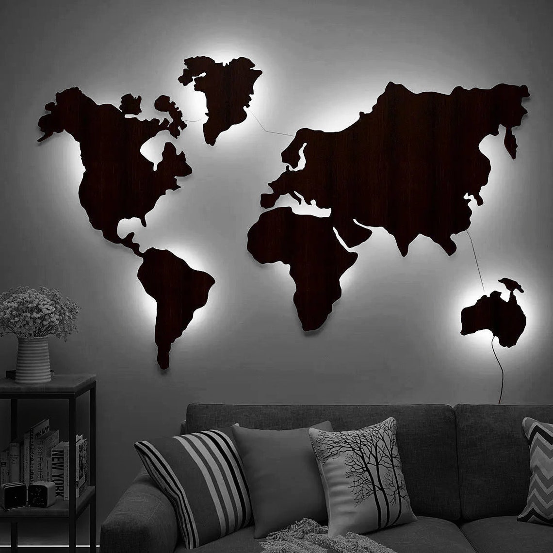 Modern LED Laser Cut World Map Mural Decorative Large Travel Wood Wall ...