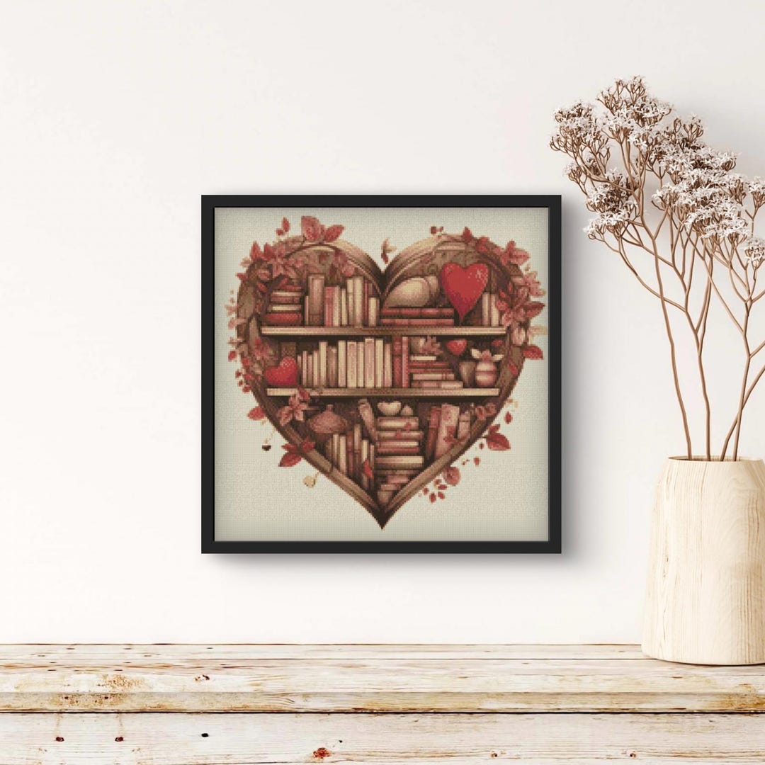 Heart Bookshelf Cross Stitch Pattern: Romantic Library Embroidery (PDF ...