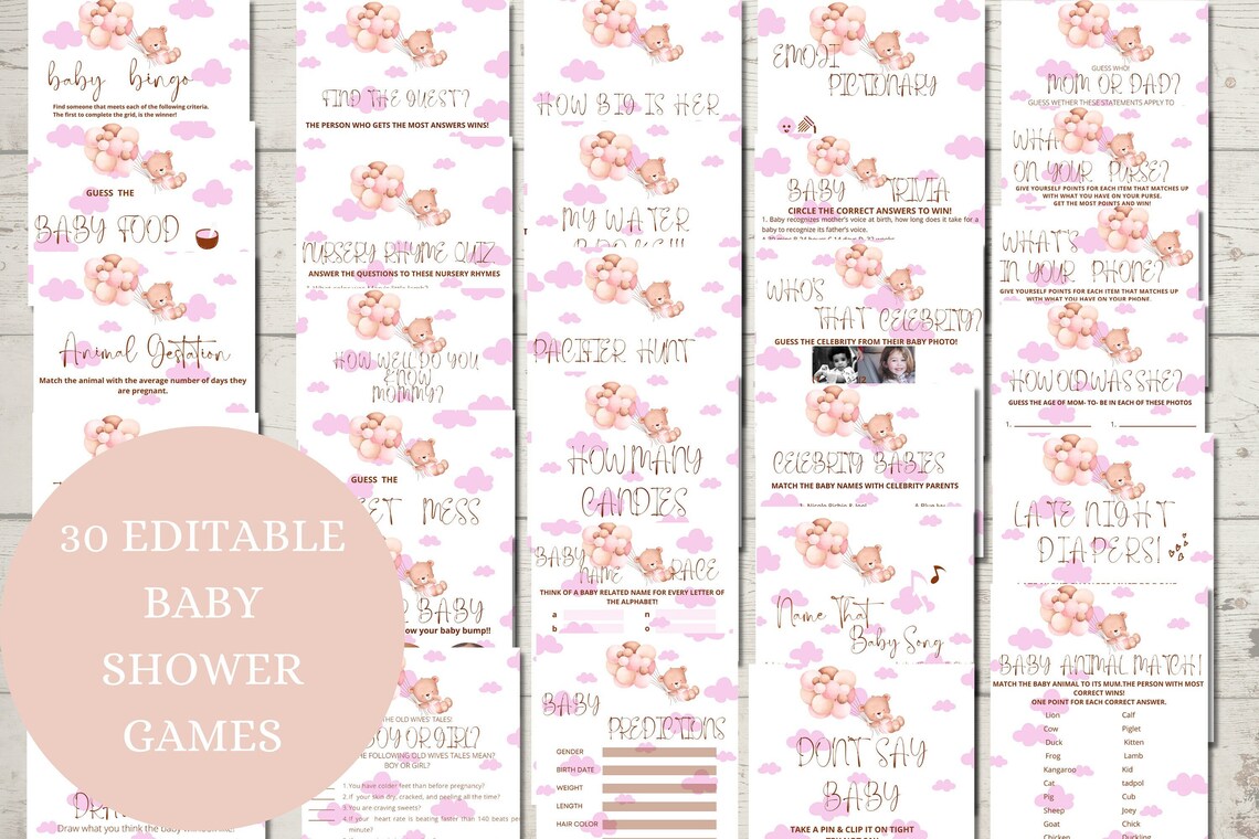 30 Teddy Bear Baby Shower Games, Girl Baby Shower Games Bundle, Pink ...