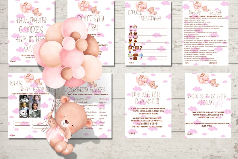 30 Teddy Bear Baby Shower Games, Girl Baby Shower Games Bundle, Pink ...