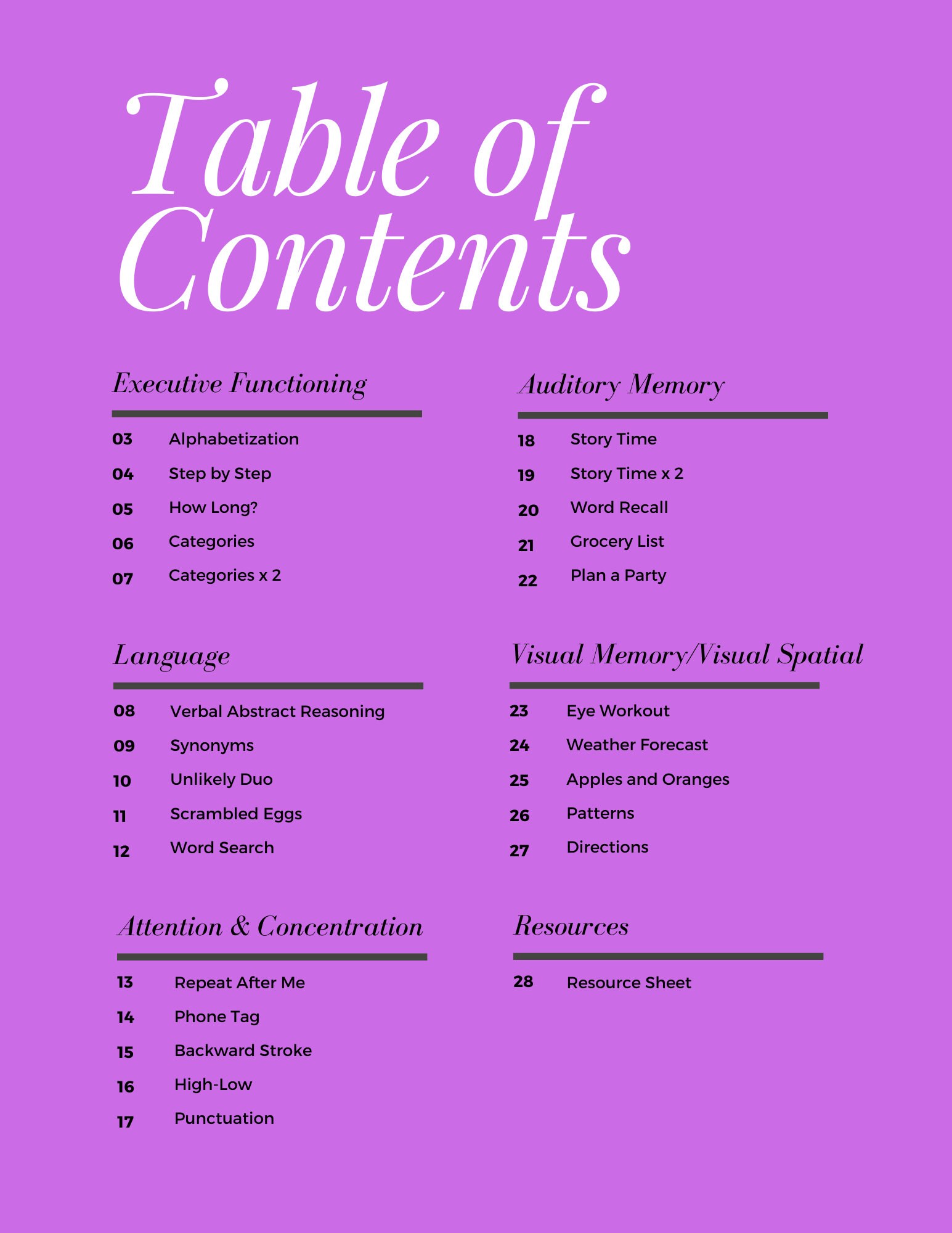 Cognitive Rehabilitation Workbook- Executive Functioning, Memory ...