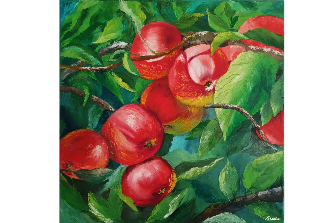 Apples Painting, Red Apple Wall Art, Apples the Branch, Original Art ...