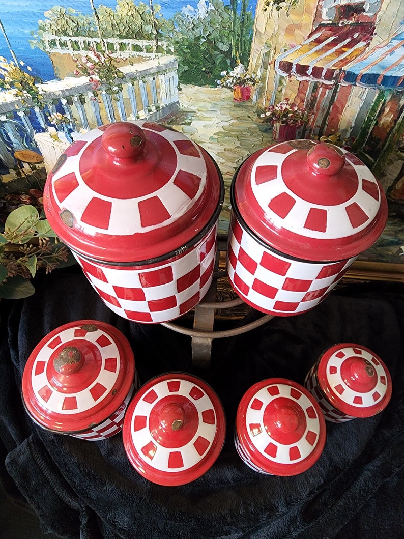 Vintage, French Enamelware, Red and White Checkered Canisters (very ...