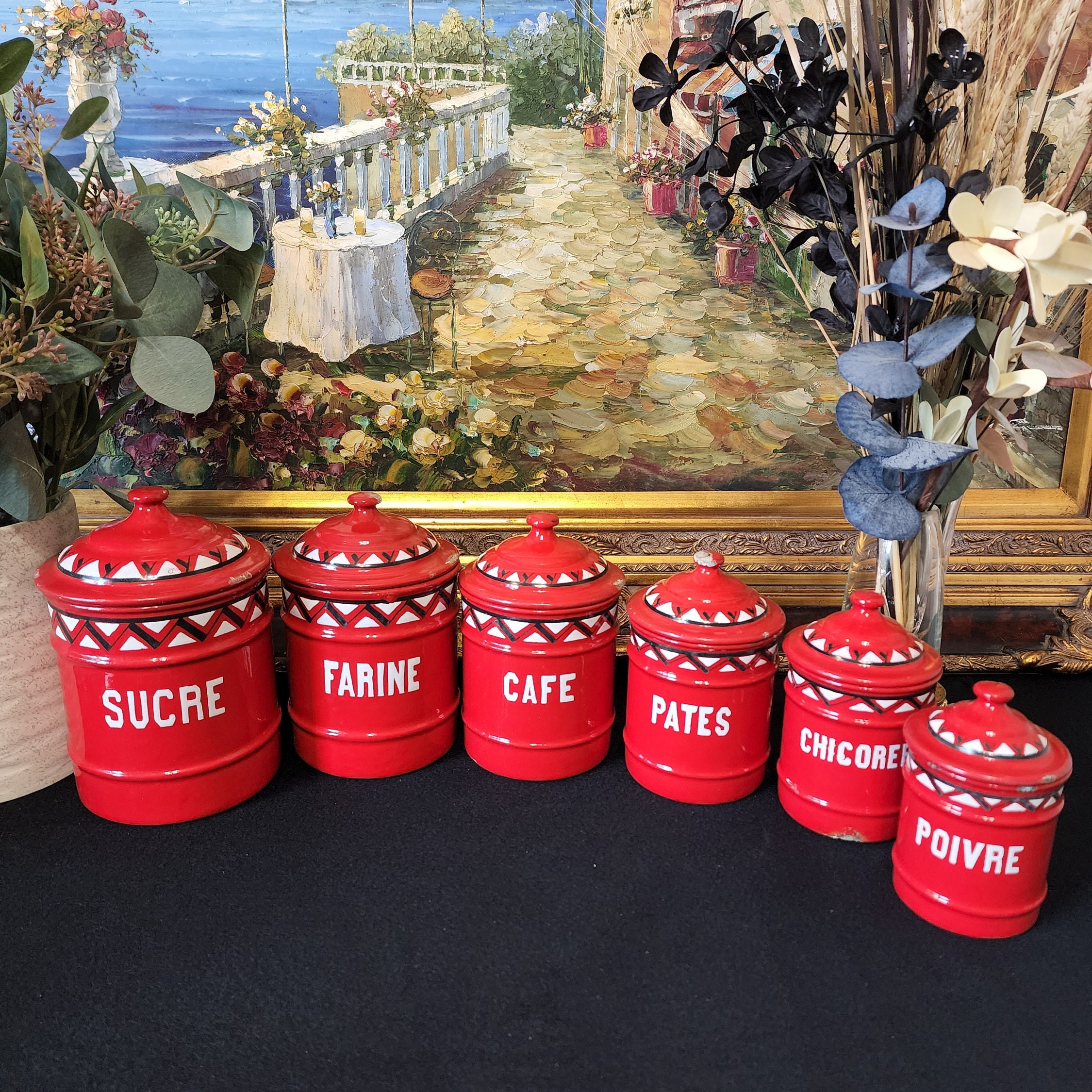French Enamelware Canister Set of 6 Red/white and Black - Etsy