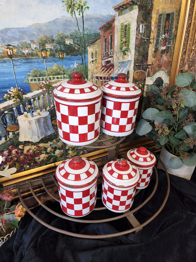 Vintage, French Enamelware, Canister Set Red/white Checkered Pattern ...
