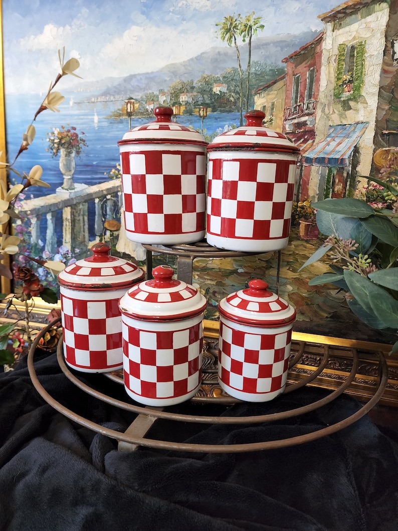 Vintage, French Enamelware, Canister Set Red/white Checkered Pattern ...