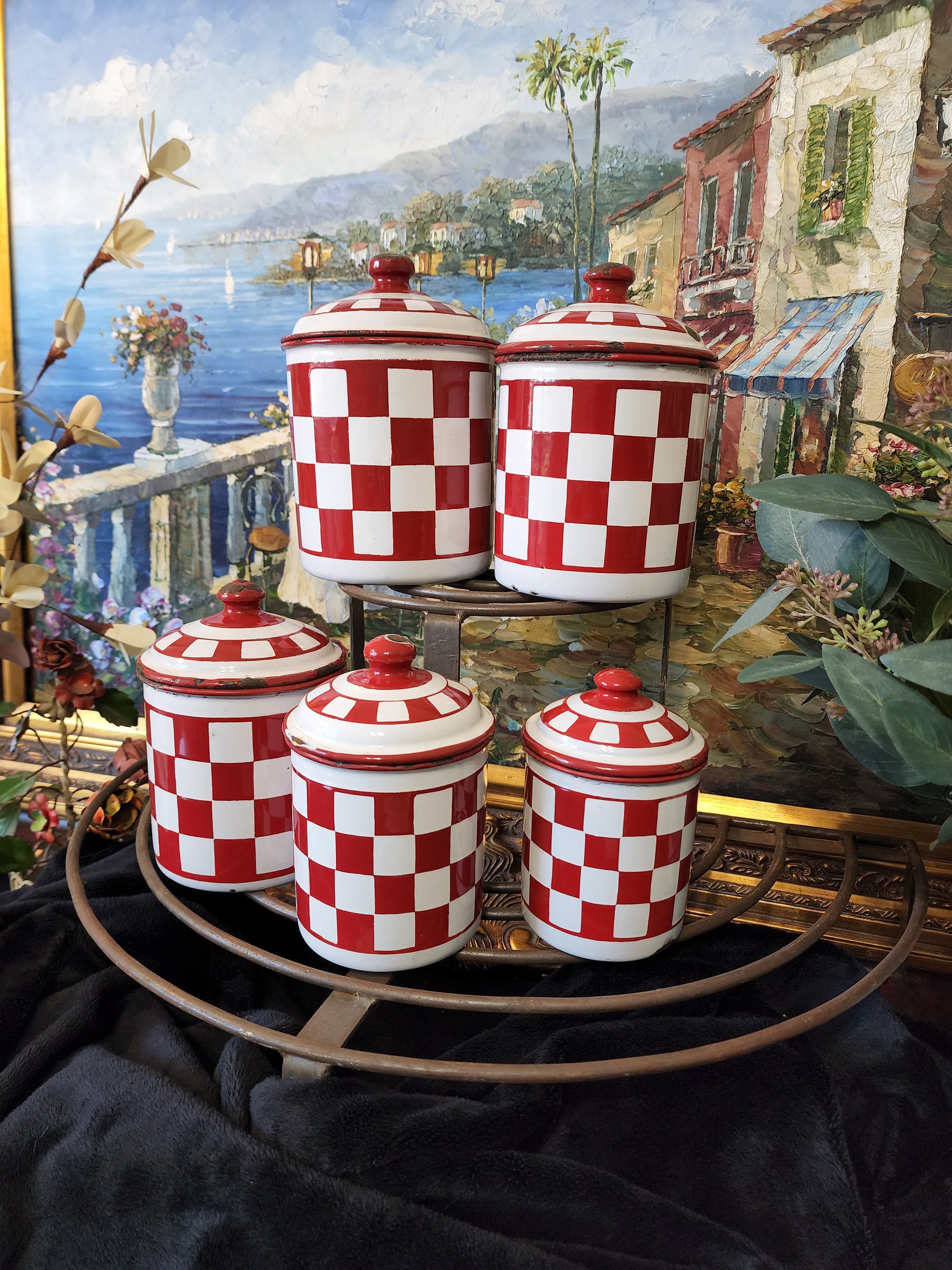 Vintage, French Enamelware, Canister Set Red/white Checkered Pattern ...
