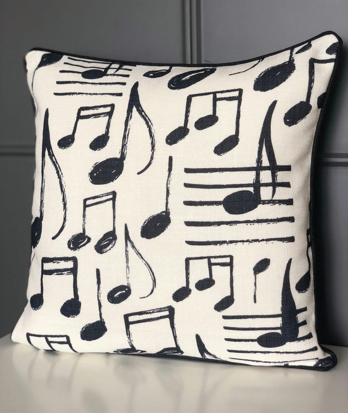 Black Music Notes Cushion Cover on White Fabric - Etsy