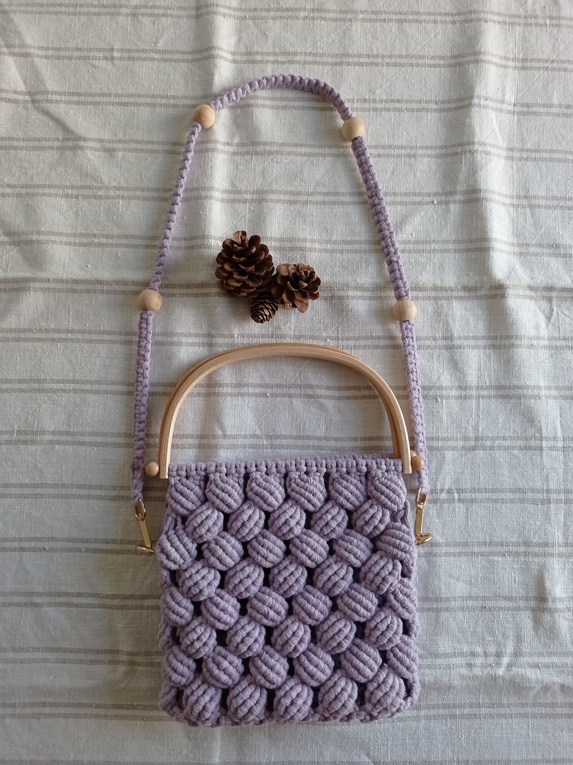 Macrame Shoulder Bag With Wooden Handle, Macrame Purse, Hand Woven Boho ...