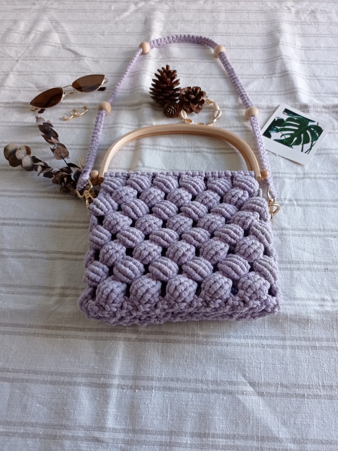 Macrame Shoulder Bag With Wooden Handle, Macrame Purse, Hand Woven Boho ...