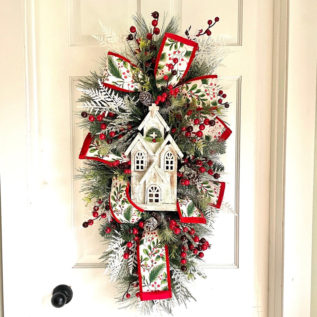 Rustic Church Swag With Evergreens and Red Berries, Religious Wreath ...