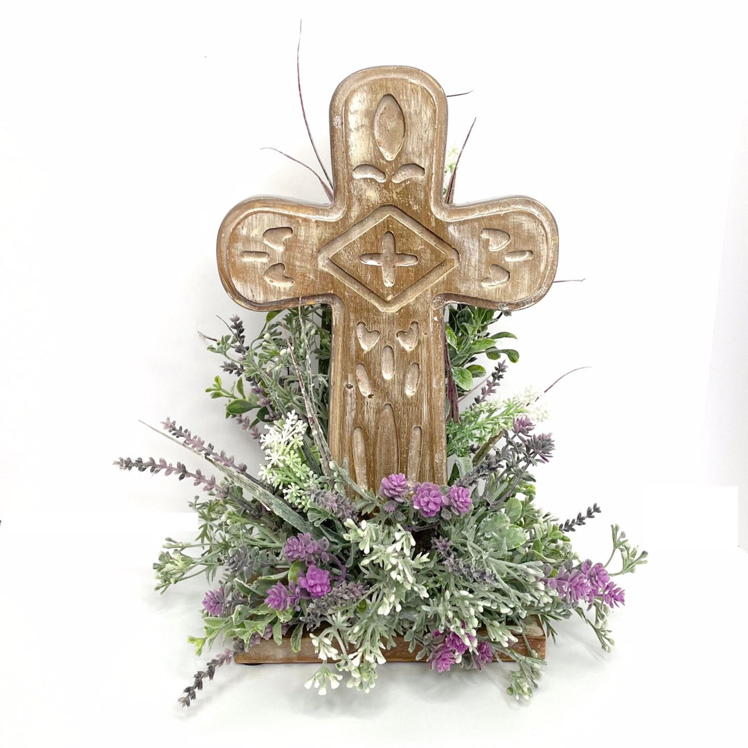 Carved Wooden Cross Centerpiece With Greenery and Purple Flowers ...