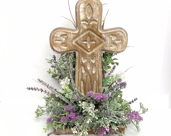 Carved Wooden Cross Centerpiece With Greenery and Purple Flowers ...