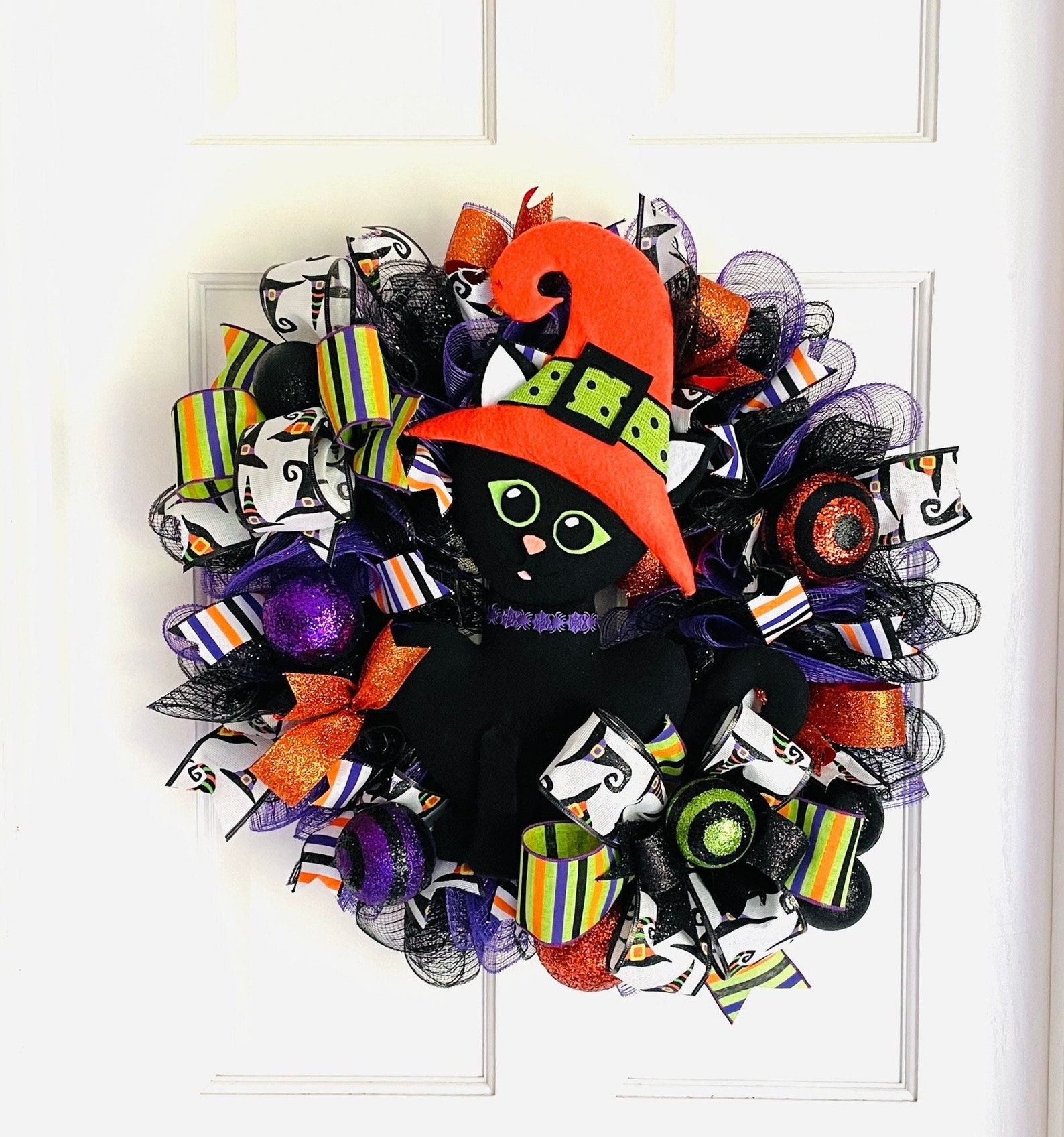 Black Halloween Cat With Witch’s Hat Wreath Attachment. - Etsy