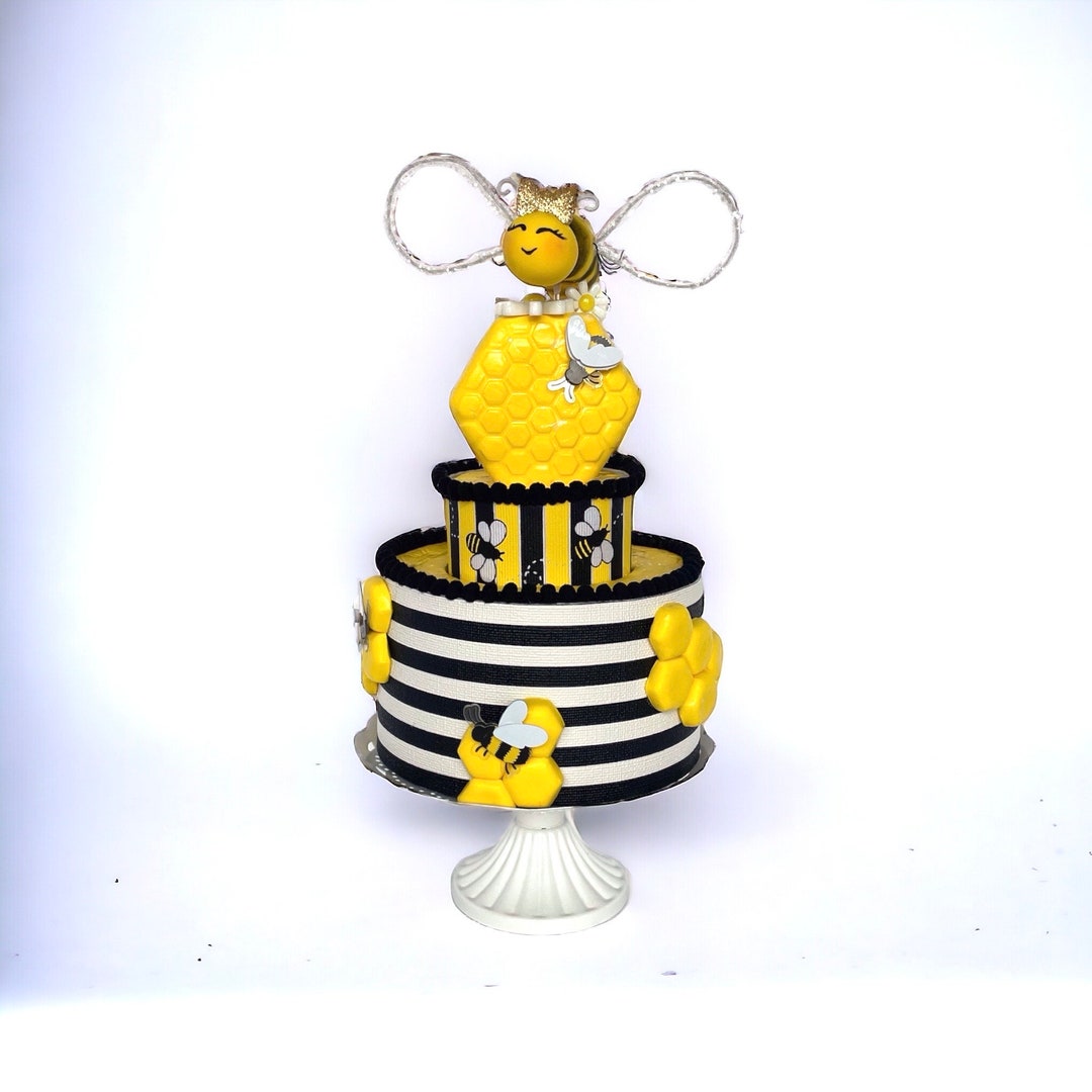 Mini Two Tiered Bee Cake on White Pedestal, Fake Bake for Summer ...
