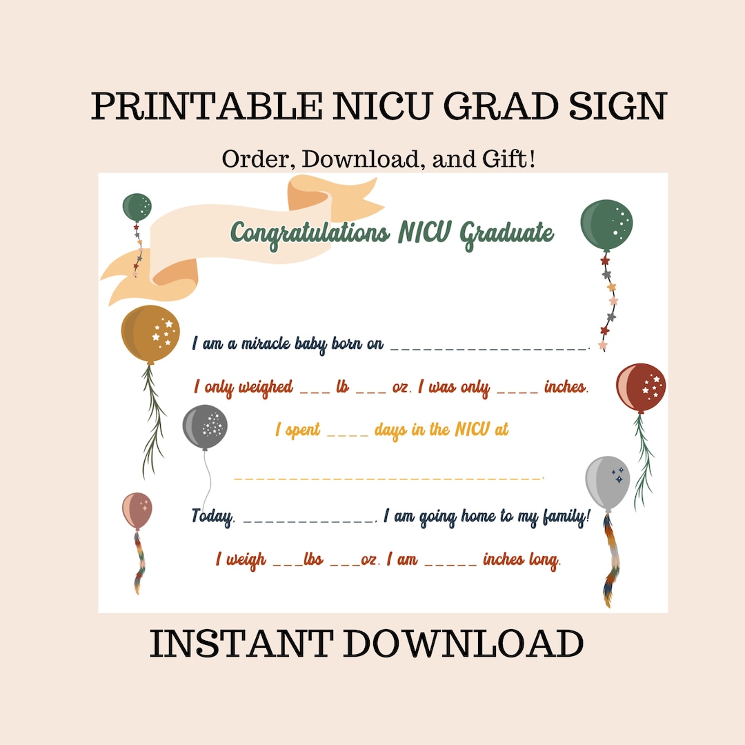 Boho Nicu Grad Sign Baby Footprint Certificate for NICU Baby Nicu Gift ...