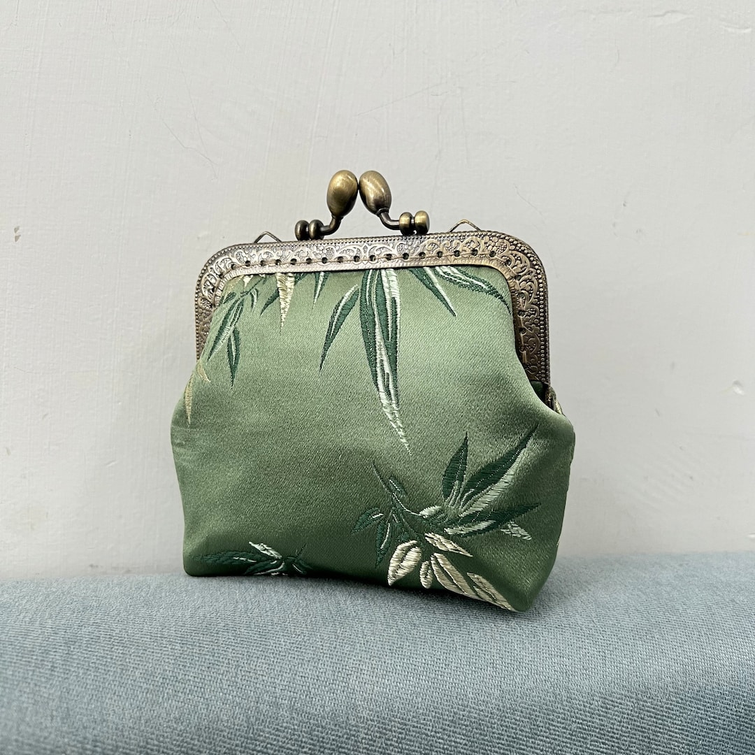 Handmade Brocade Coin Purse: Vintage Kiss Lock With Bamboo Leaf Pattern ...