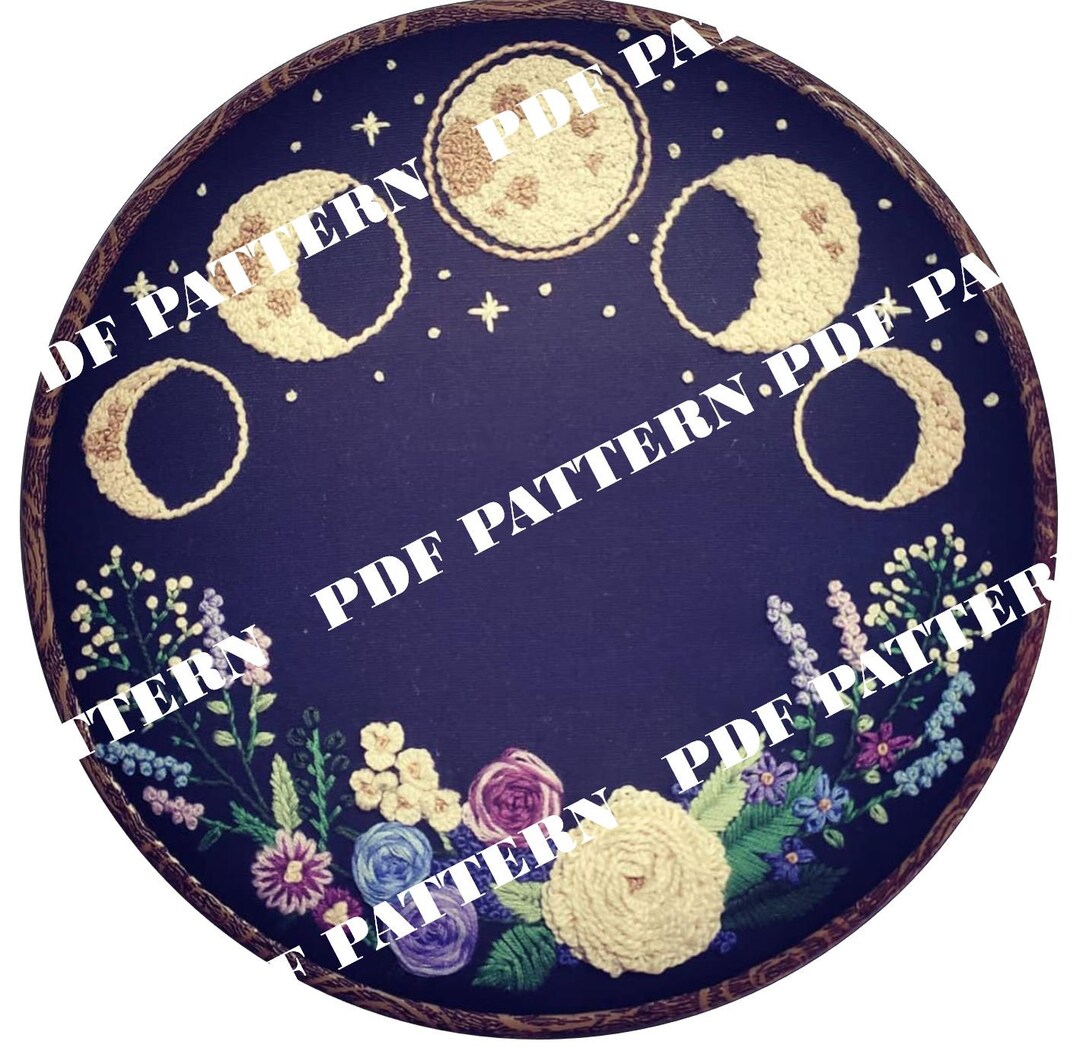 Moon Phases and Flower Wreath Embroidery Pattern - PDF Download - Etsy