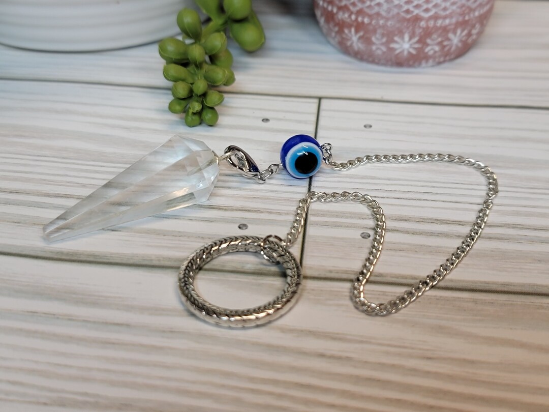 Clear Quartz Crystal Pendulum With Evil Eye Chain - Etsy