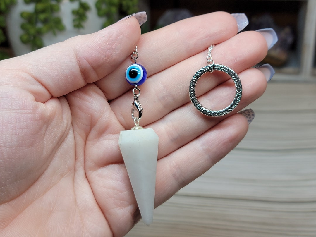 Snow Quartz Crystal Pendulum With Evil Eye Chain - Etsy