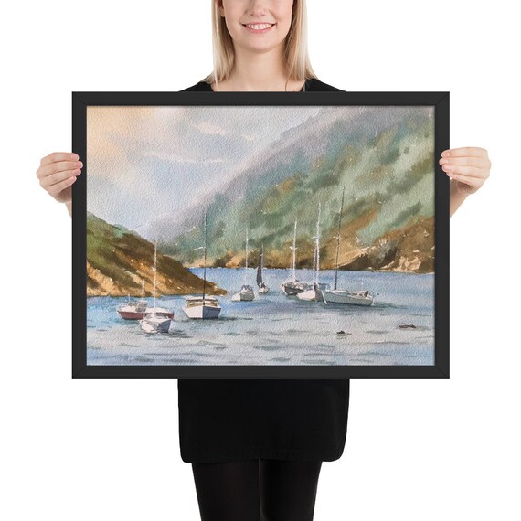 Original Artwork Designs Yachts At Bay Watercolor Art Framed Poster ...