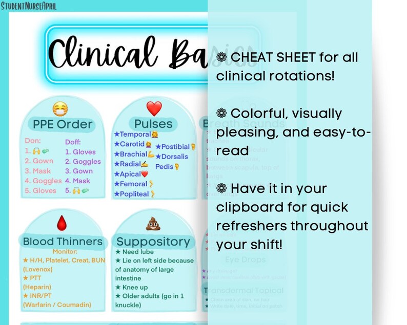 CLINICAL SHEET Clinical CHEAT Sheet Med Surg Nurse Hospital | Etsy