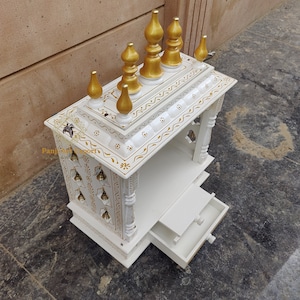 Wooden Temple Mandir White + Gold Finished Beautiful Hanging Bells ...