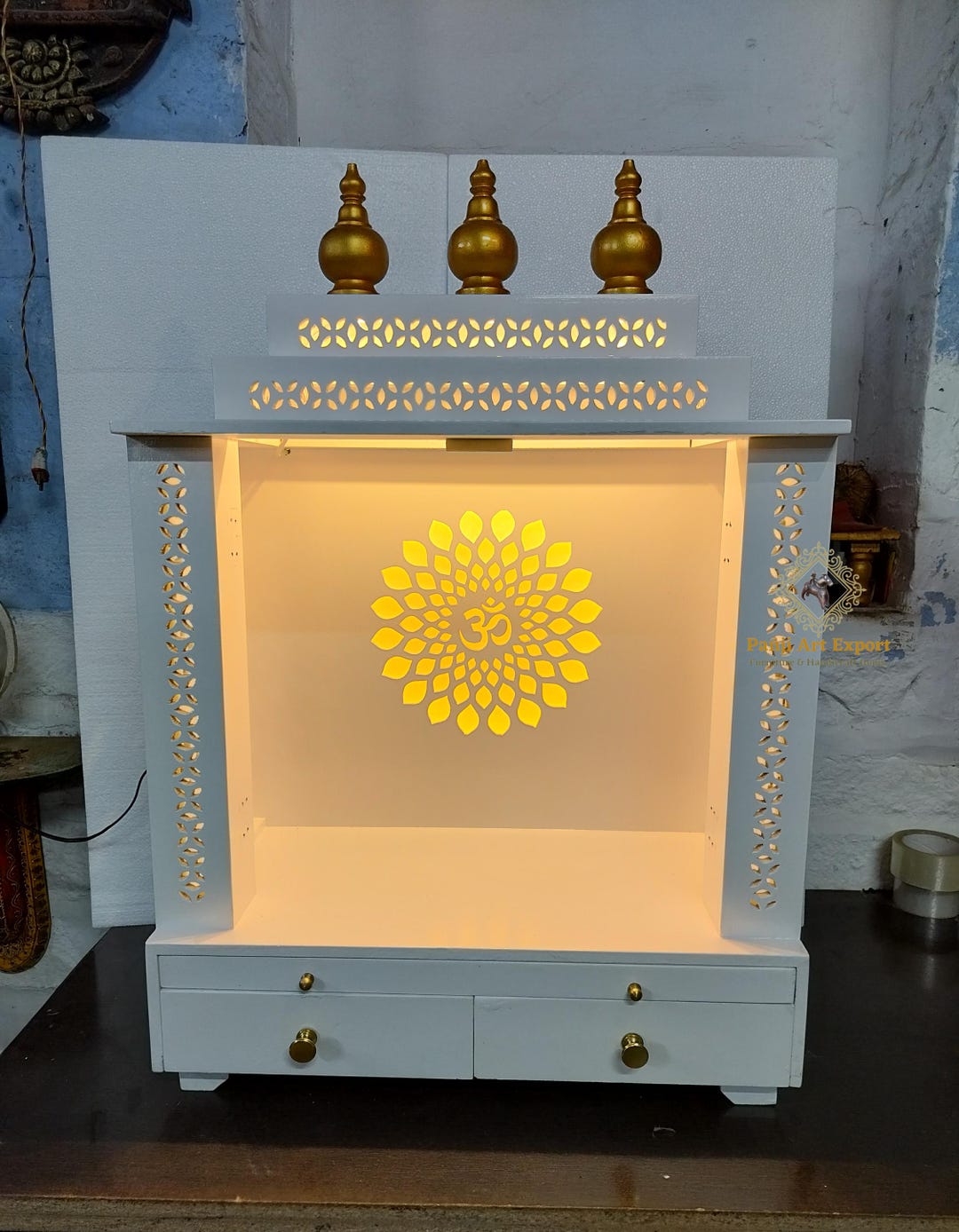 Wooden Open Temple Mandir White Finished LED OM Design Temple Beautiful ...