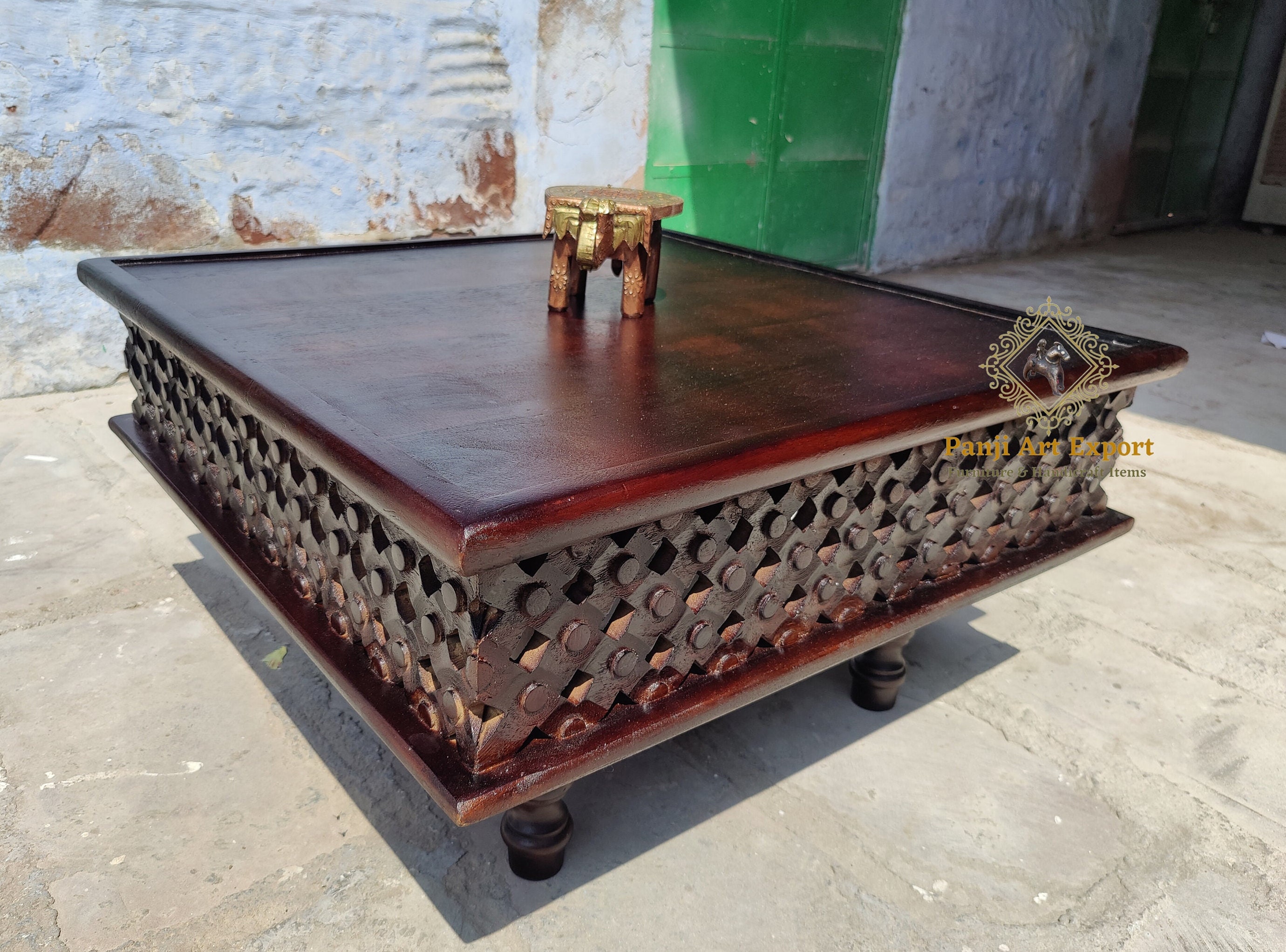 Handmade Raw Mango Wood Coffee Table: Lattice Carved Square Accent ...