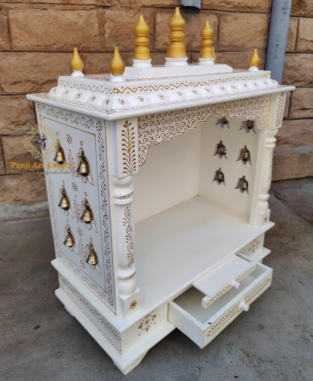 Wooden Temple Mandir White + Gold Finished Beautiful Hanging Bells ...
