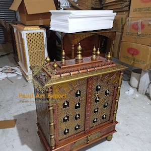 Handcrafted Wooden Temple Mandir: Copper Gold Finish, Hanging Bells ...