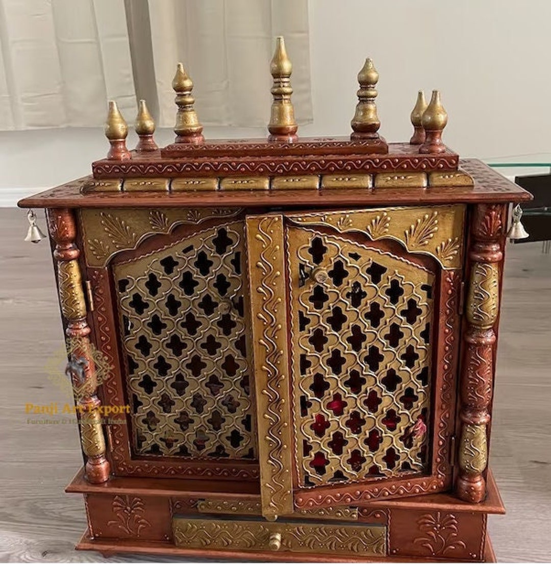 Wooden Temple Mandir Copper Gold Finished Beautiful Hanging Bells ...