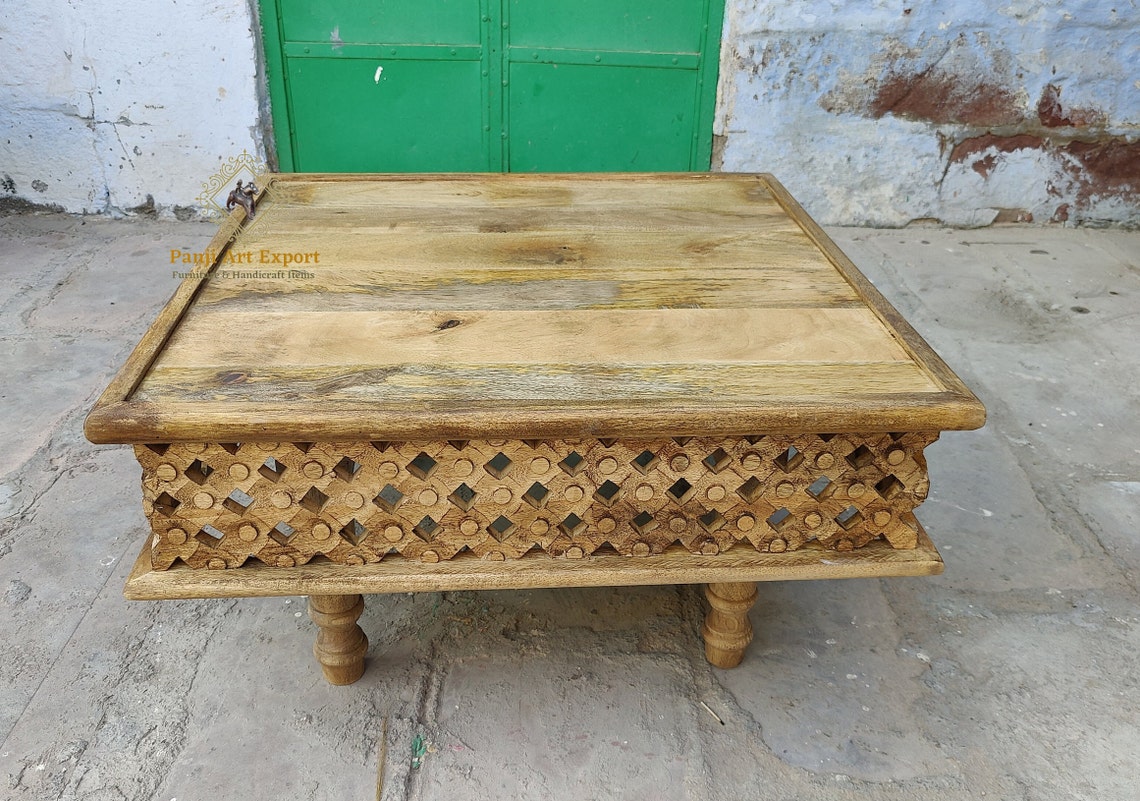 Handmade Raw Mango Wood Coffee Table: Lattice Carved Square Accent ...
